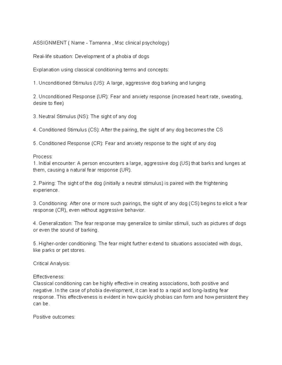 Classical conditioning assignment - ASSIGNMENT ( Name - Tamanna , Msc clinical psychology) Real ...