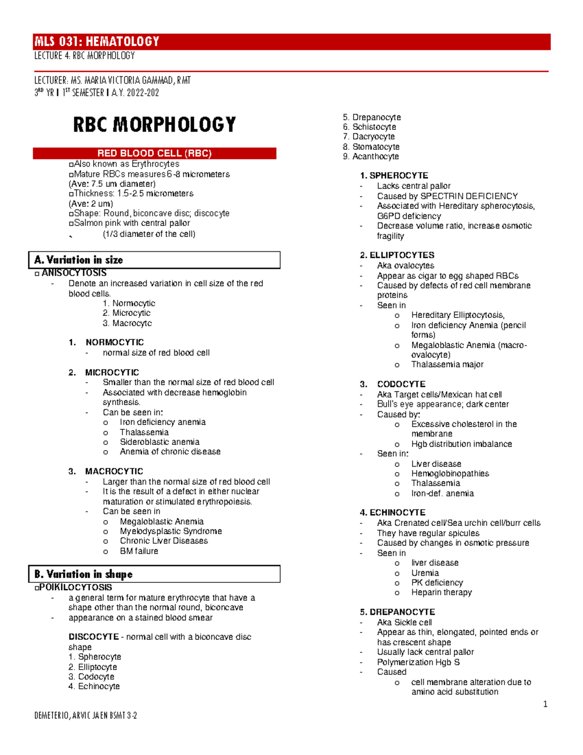 RBC Morphology - LECTURE 4: RBC MORPHOLOGY LECTURER: MS. MARIA VICTORIA ...