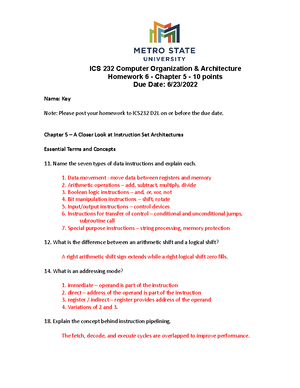 Homework 5 - Answers - hw5 - ICS 232 Computer Organization & Architecture Homework 5 - Chapter 4 ...