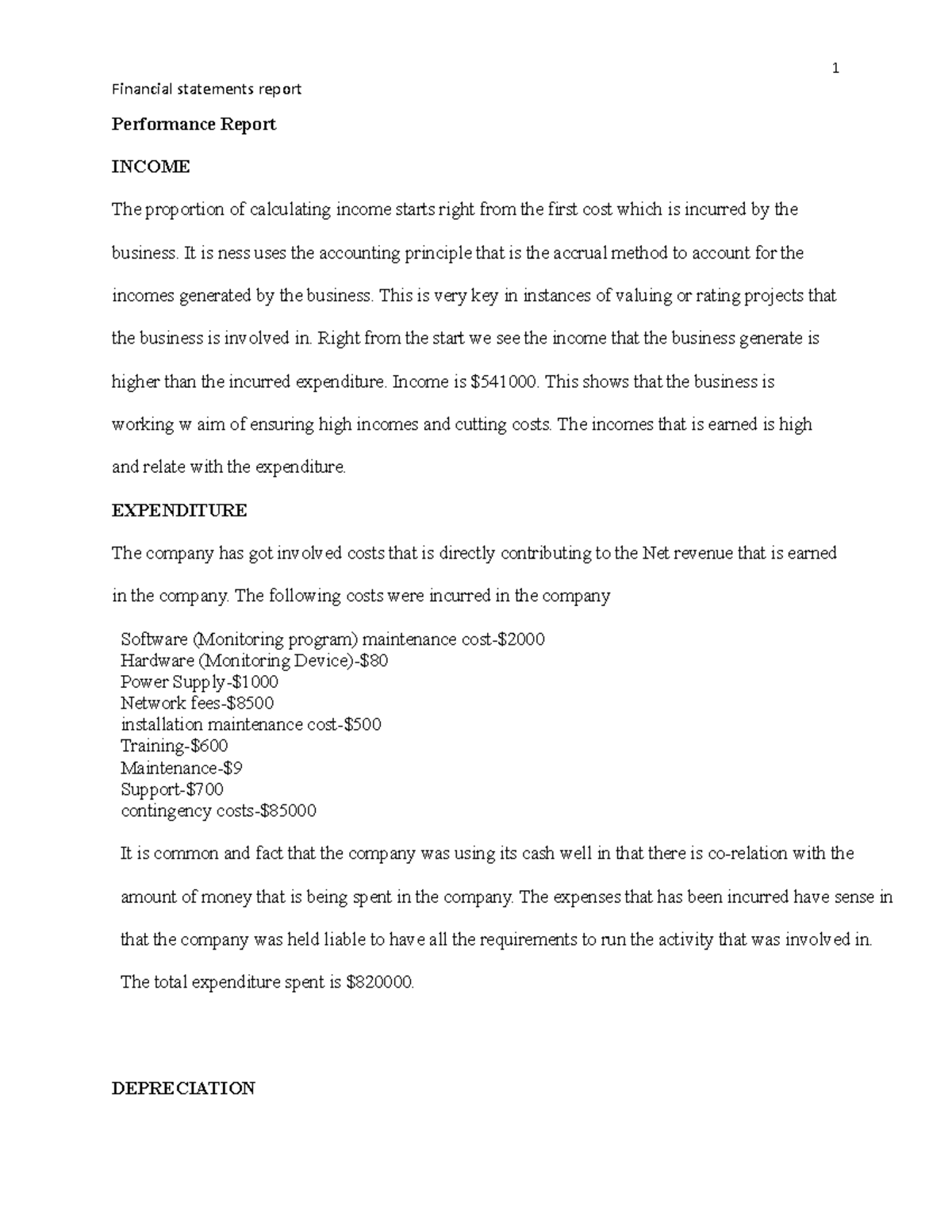 Analysis OF Statement - Financial statements report 1 Performance ...