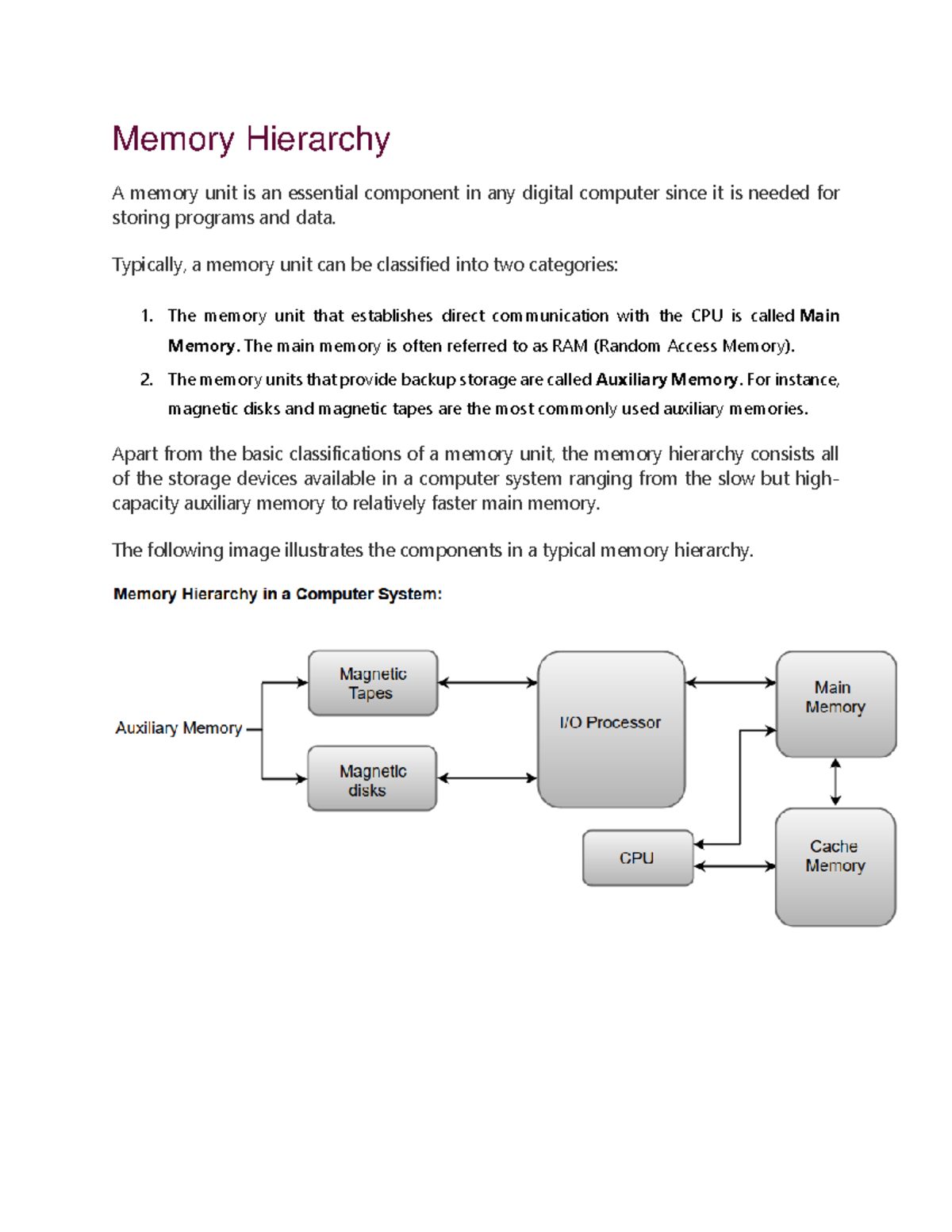 Lesson Three - intro to communication and maintenance and more - Memory Hierarchy A memory unit ...