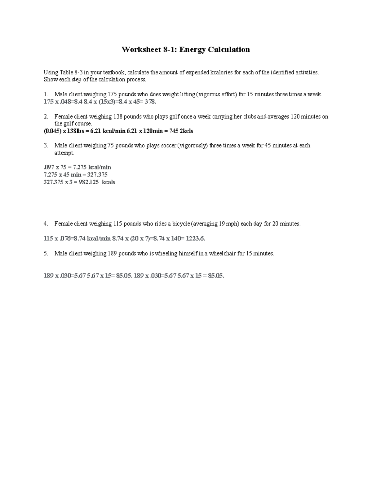 Worksheet 8-1 - Basic Nutrition Assignment - Worksheet 8-1: Energy ...
