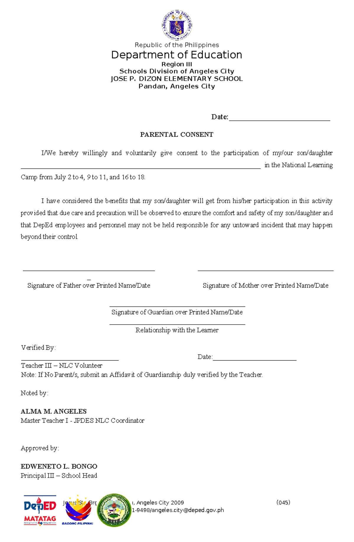 Student Consent in National Learning Camp 2023-2024 in DepEd Angeles ...