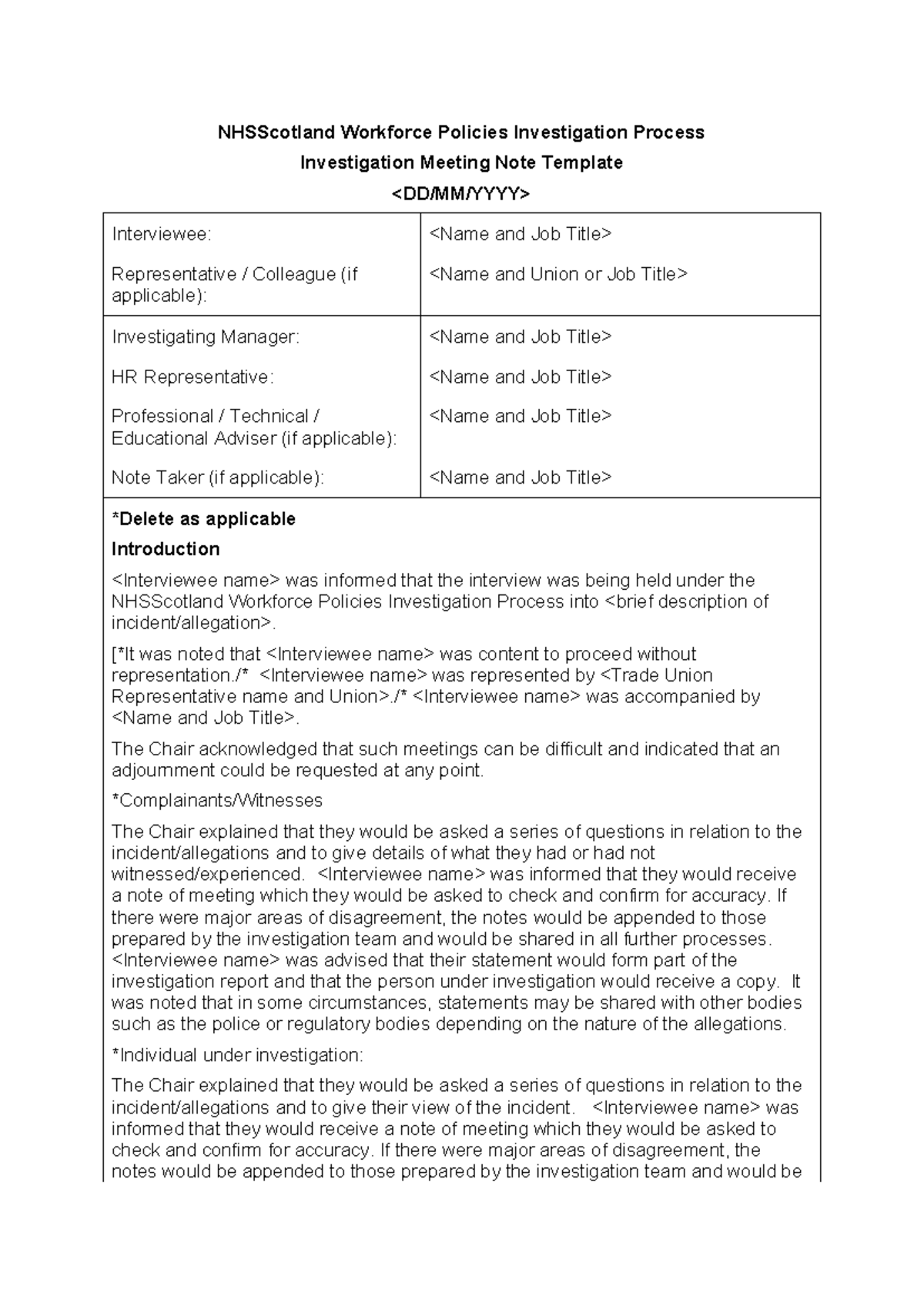 Workforce policies investigation process investigation meting note ...