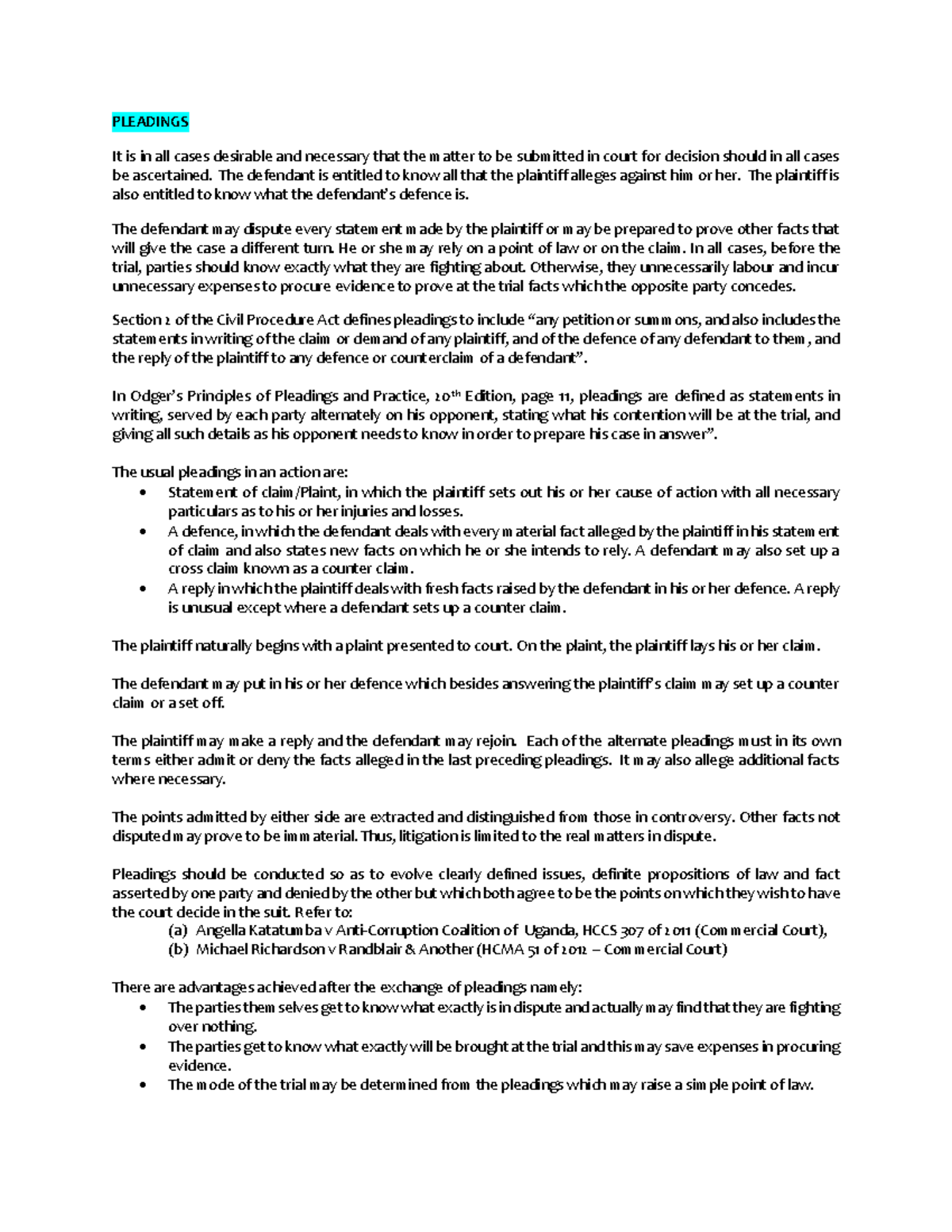 Pleadings - Materials - PLEADINGS It is in all cases desirable and ...