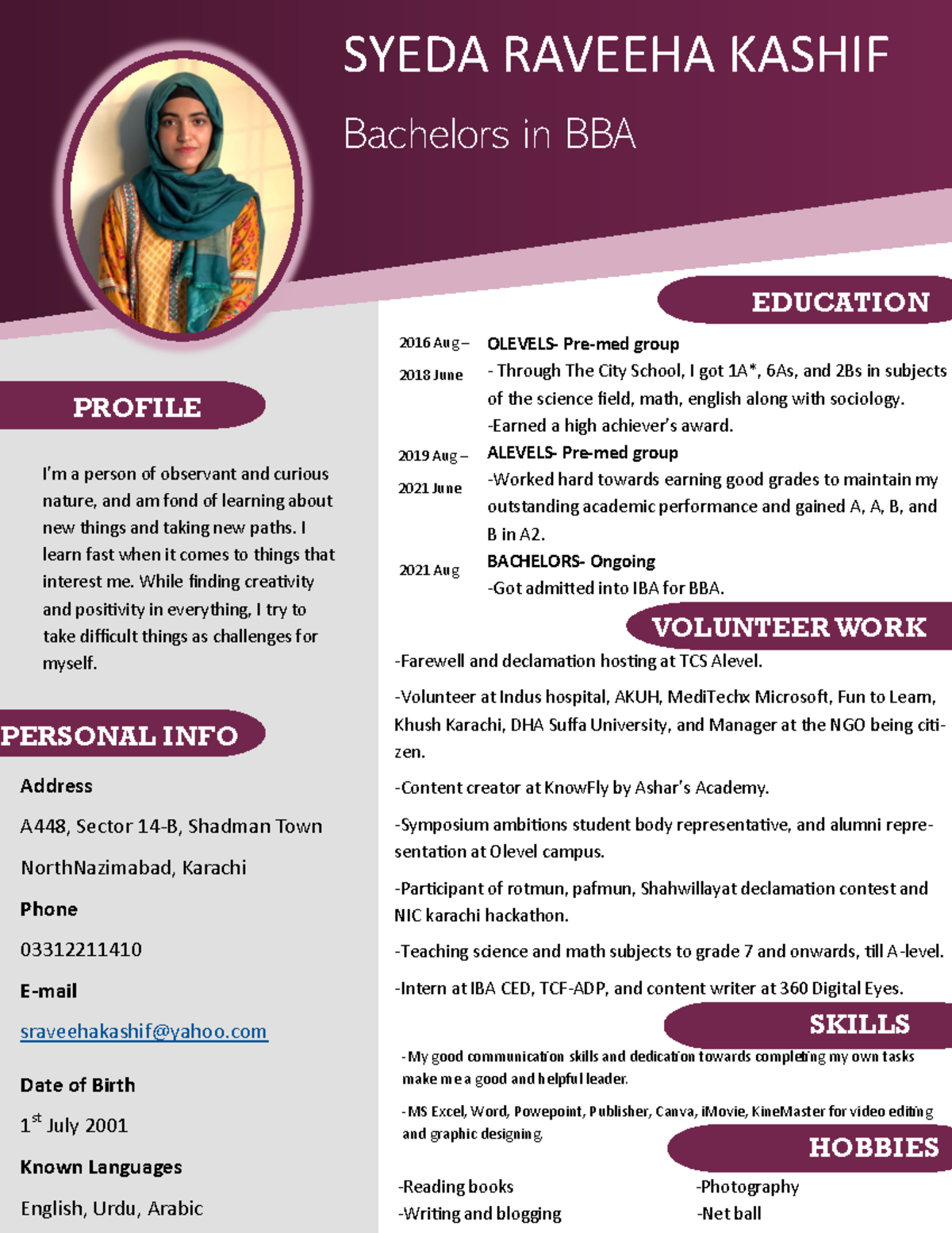 Resume final - Need to practice - SYEDA RAVEEHA KASHIF Bachelors in BBA ...