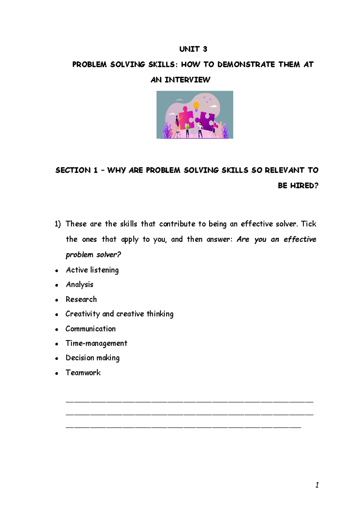Tutoria-N3-1-C-2024-Unit-3-Section-1-with-KEY- 1 - UNIT 3 PROBLEM SOLVING SKILLS: HOW TO ...