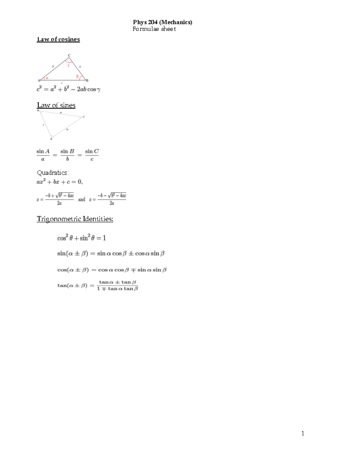 Formulae Sheet - with Trigonometry - Final - 1 Phys 204 (Mechanics ...
