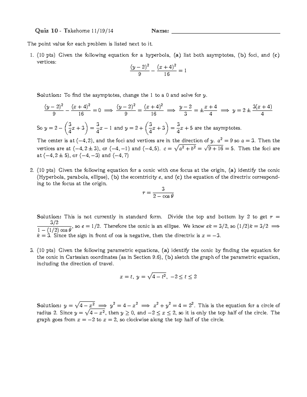 Quiz 10 Key - Quiz 10 Takehome Name: The point value for each problem ...