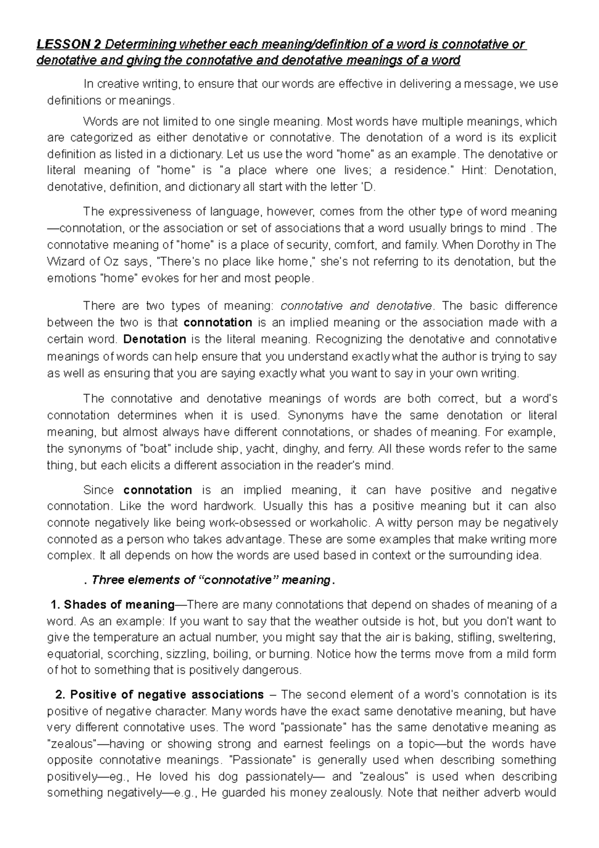 Connotation - Notes - LESSON 2 Determining whether each meaning ...