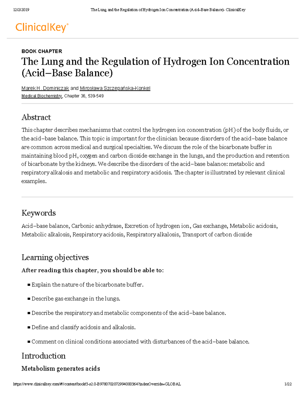 The Lung and the Regulation of Hydrogen Ion Concentration (Acid–Base ...
