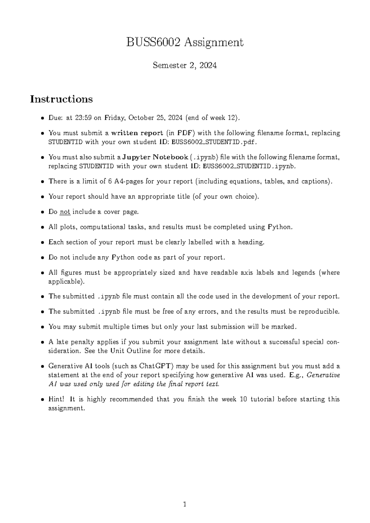 BUSS6002 Assignment 2024 S2 - BUSS6002 Assignment Semester 2, 2024 Instructions Due: at 23:59 on ...