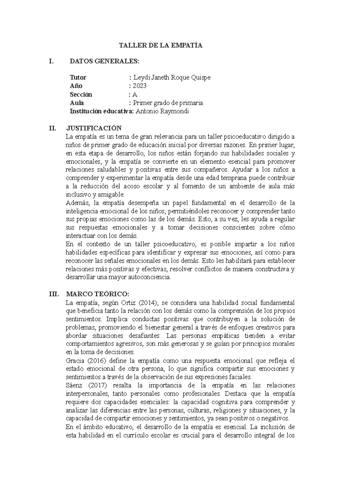 Empatia - fghjklñ - TALLER DE LA EMPATÍA I. DATOS GENERALES: Tutor ...