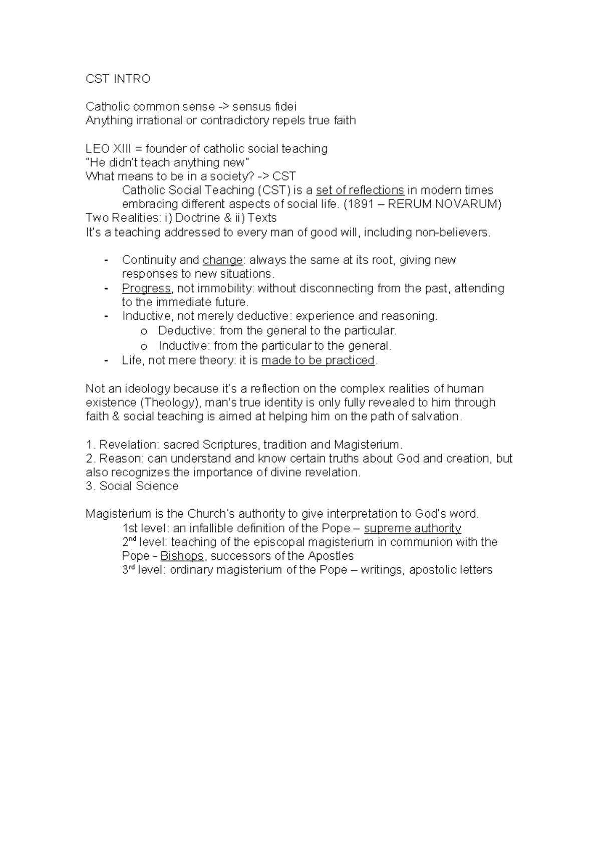 CST Intro - CST INTRO Catholic common sense -> sensus fidei Anything ...