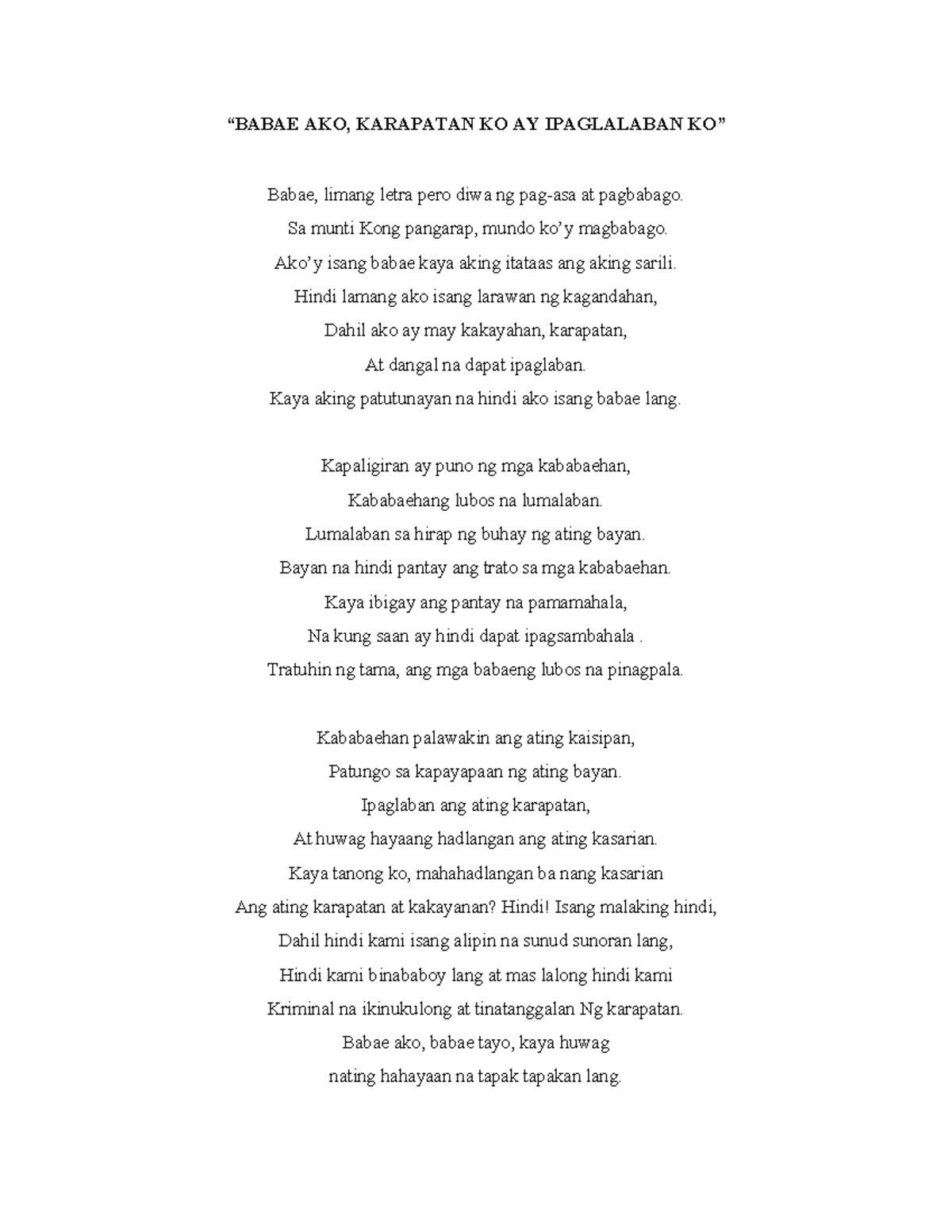 Babae AKO - “BABAE AKO, KARAPATAN KO AY IPAGLALABAN KO” Babae, limang ...