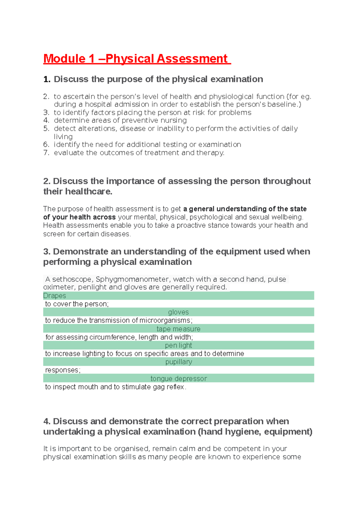 Module 1 - Lecture notes 1-2 - Module 1 –Physical Assessment 1. Discuss ...