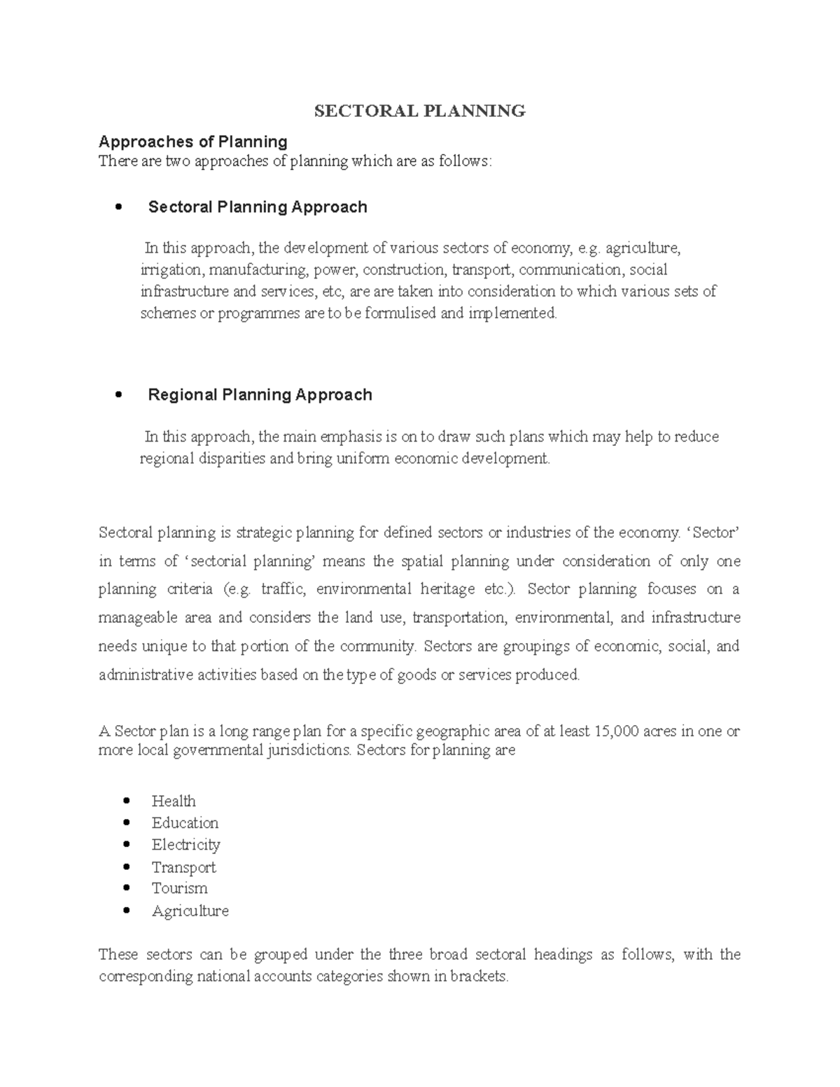 Unit 3 Sectoral Planning - SECTORAL PLANNING Approaches of Planning ...