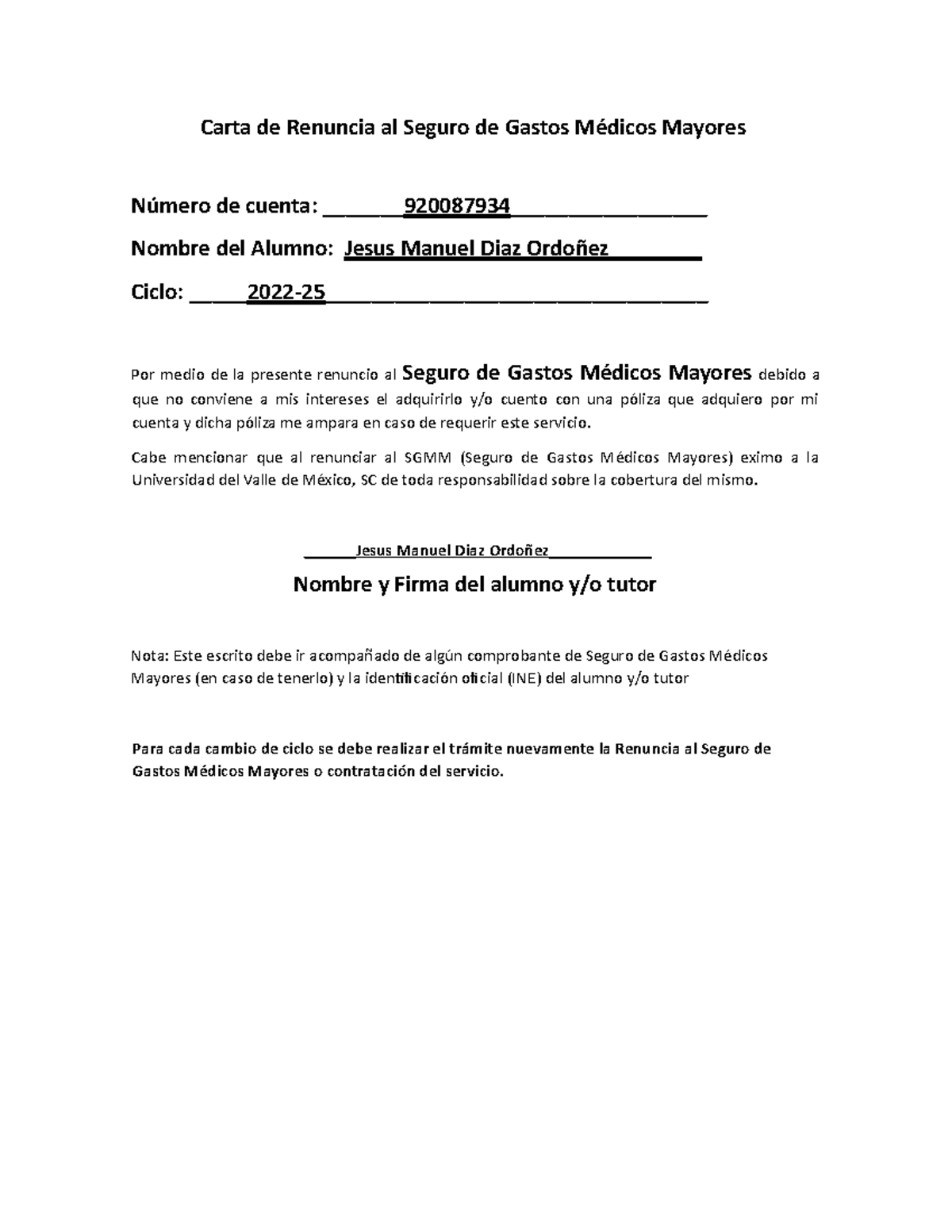 Anexo 2. Carta de Renuncia al Seguro de Gastos Médicos Mayores ...