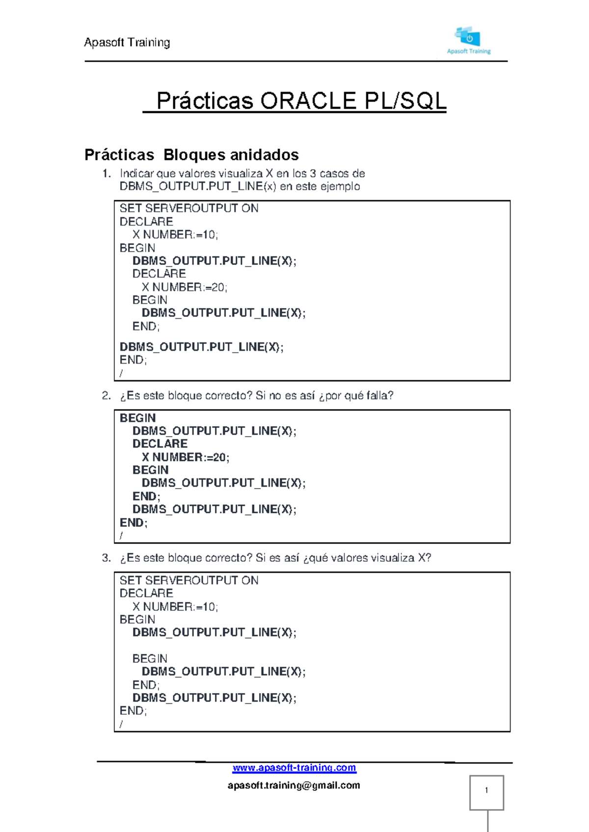 4-Practica+Bloques+anidados - Apasoft Training apasoft-training apasoft@gmail 1 Prácticas ORACLE ...
