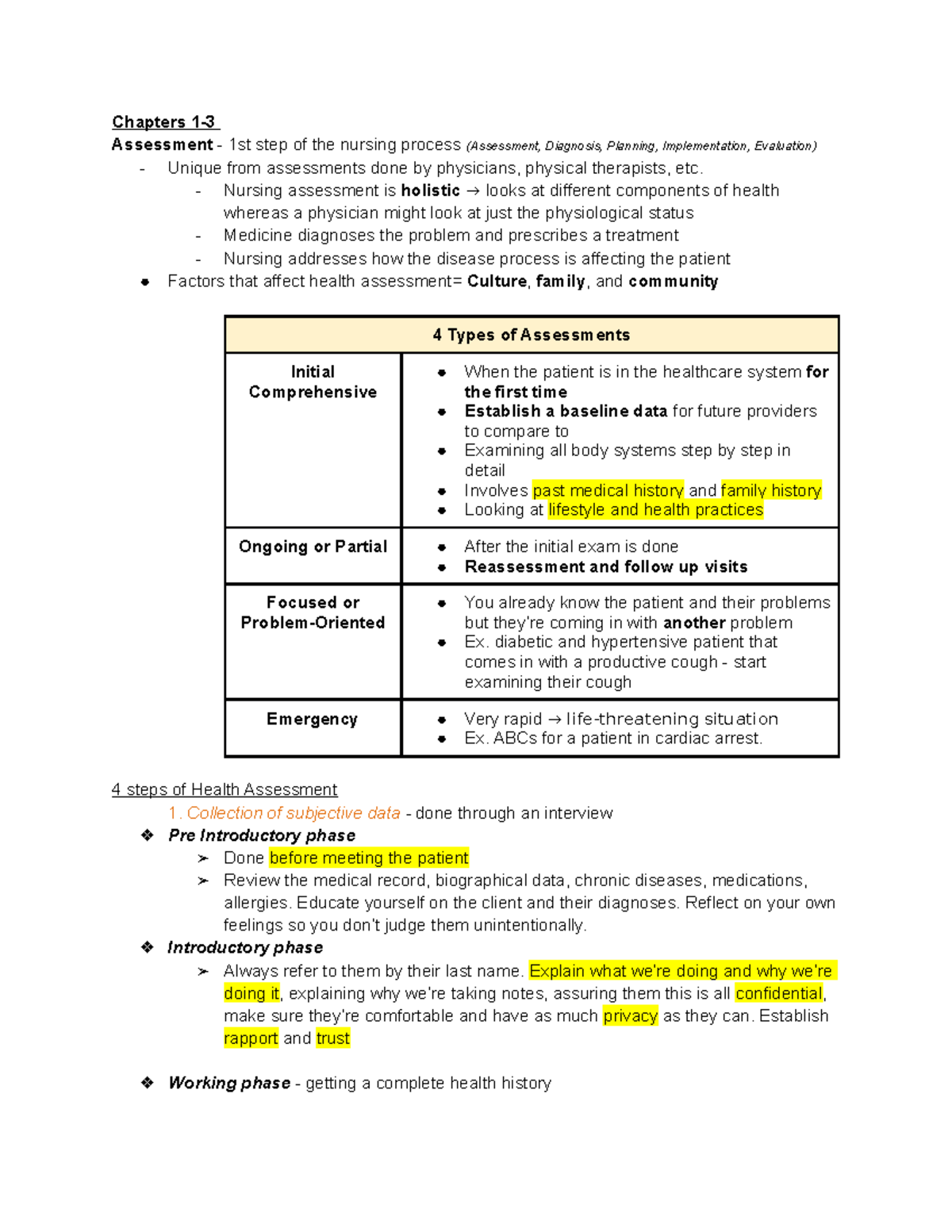 HA EXAM' 1 - Chapters 1- Assessment - 1st step of the nursing process ...