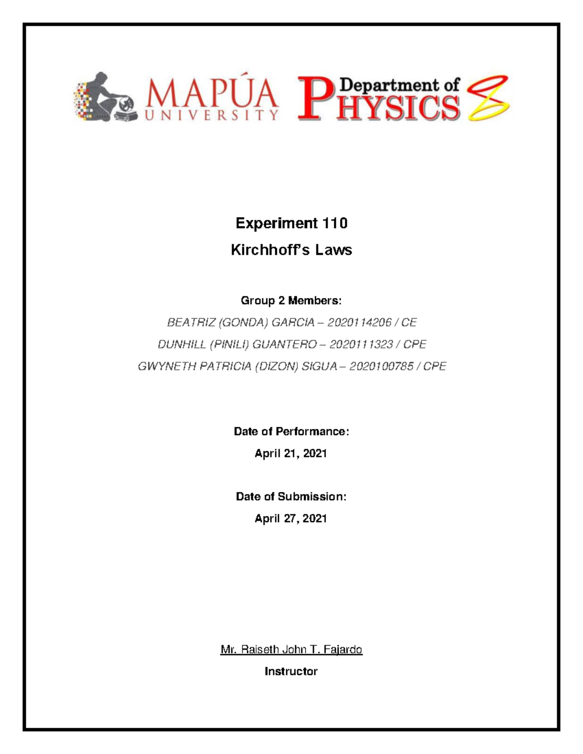 Experiment 110 Group 2 - Experiment 1 10 Kirchhoff’s Laws Group 2 ...