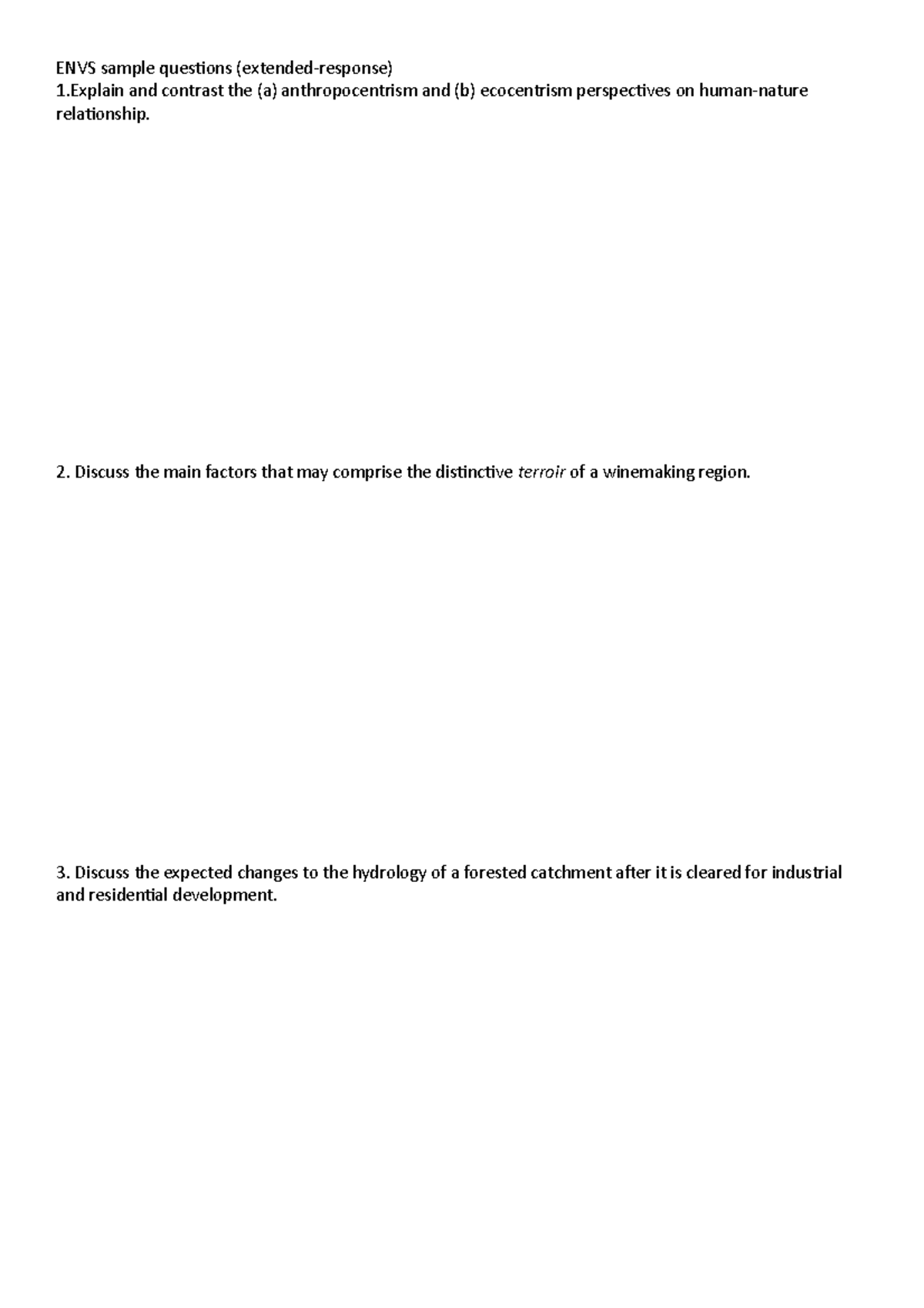 ENVS sample questions - 2. Discuss the main factors that may comprise ...