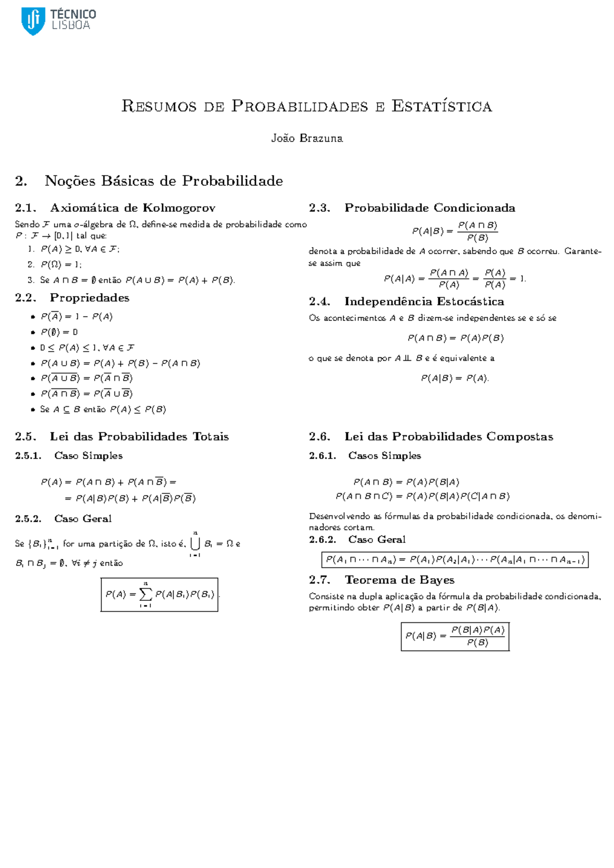 Resumo PE - Resumos de Probabilidades e Estat ́ıstica Jo ̃ao Brazuna 2 ...