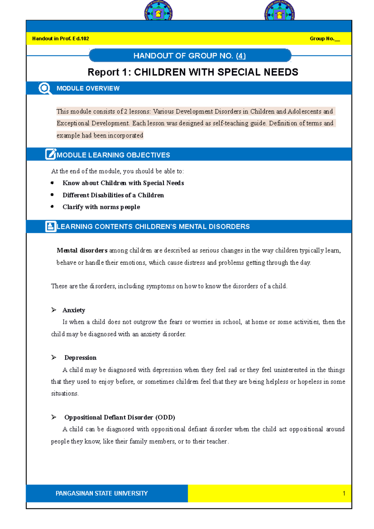 Study- Guide Group-4 - For your reference. - Report 1: CHILDREN WITH ...