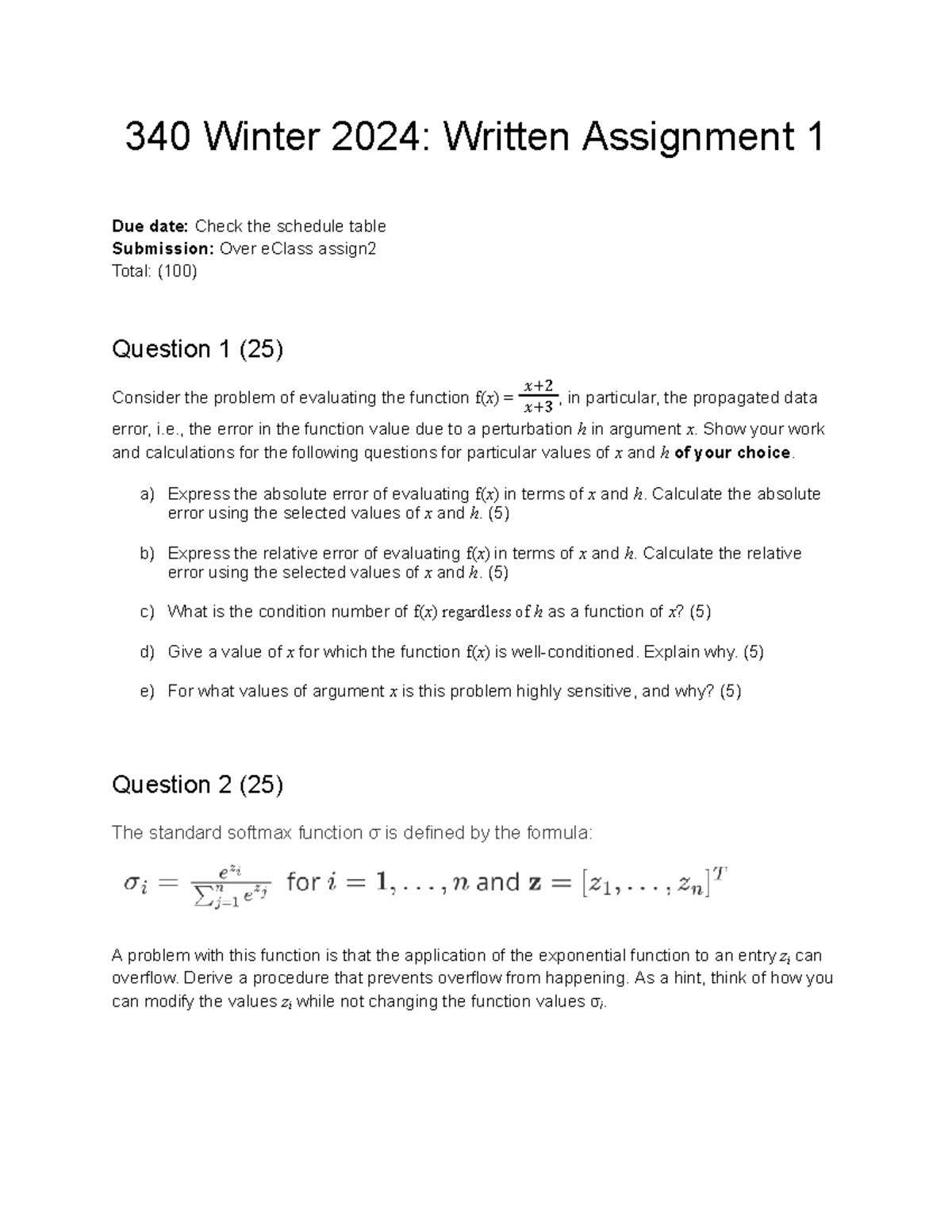 Cmput 340 Winter 2024: Written Assignment 1 - 340 Winter 2024: Written ...