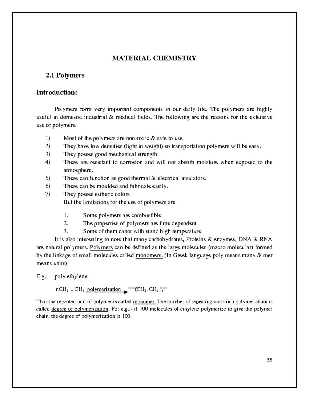 Material Chemistry - UNIT-IV MATERIAL CHEMISTRY 2 Polymers Introduction ...