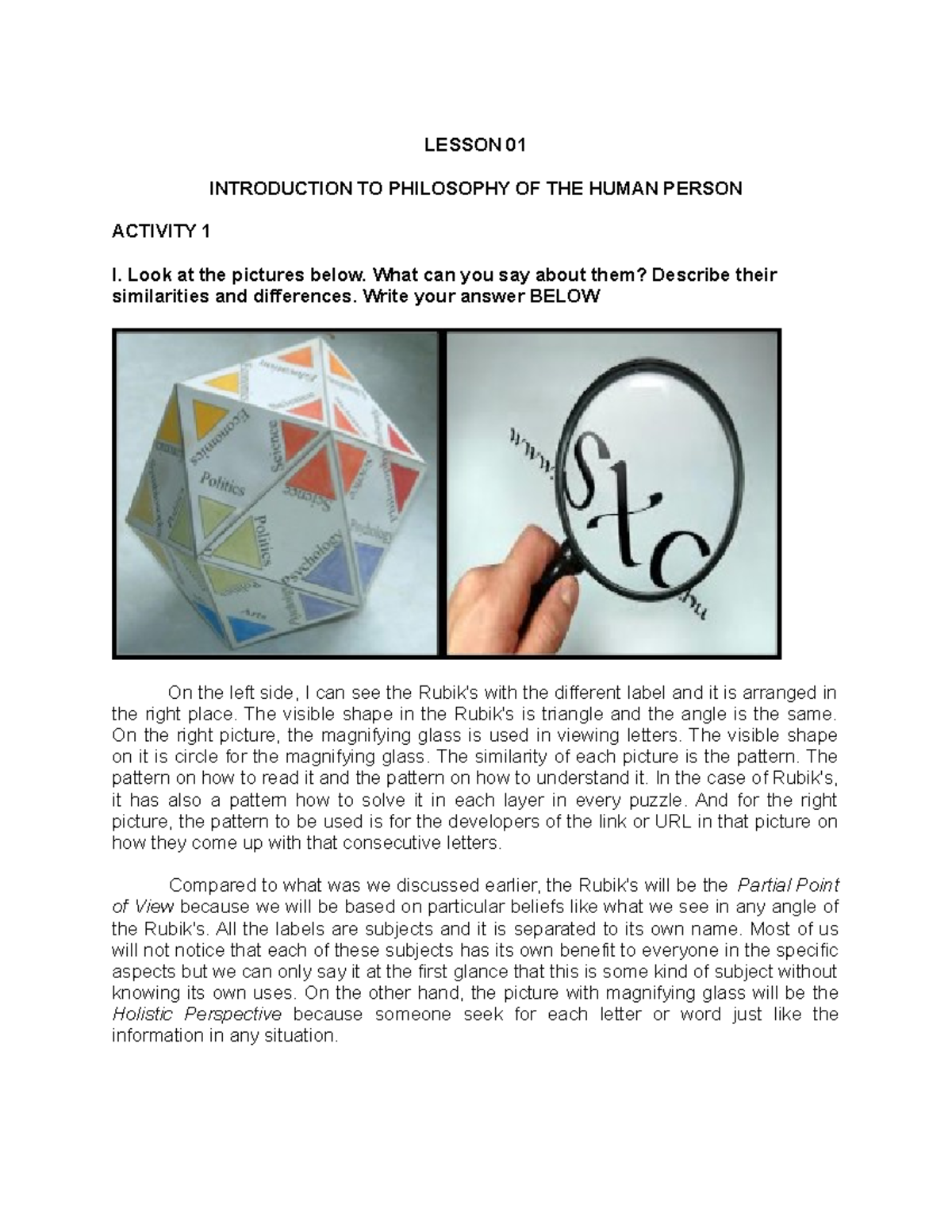 Activity 1 Philo - LESSON 01 INTRODUCTION TO PHILOSOPHY OF THE HUMAN ...