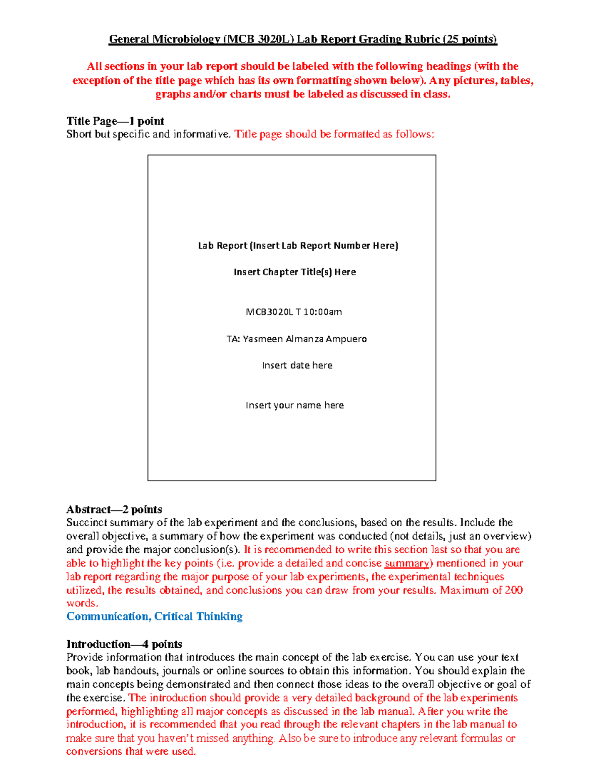 Microbiology+Lab+Report+Rubric - General Microbiology (MCB 3020L) Lab ...