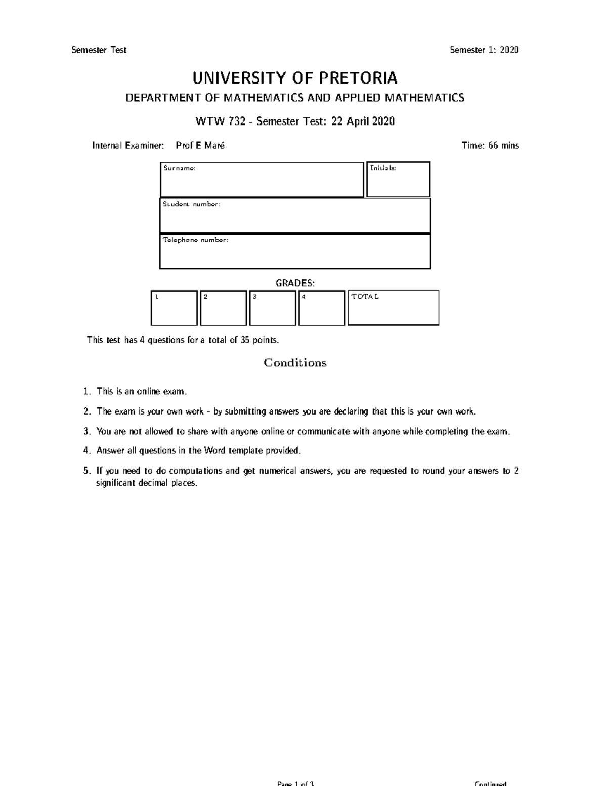 WTW732Test1 3 - Past papers - Semester Test Semester 1: 2020 UNIVERSITY ...