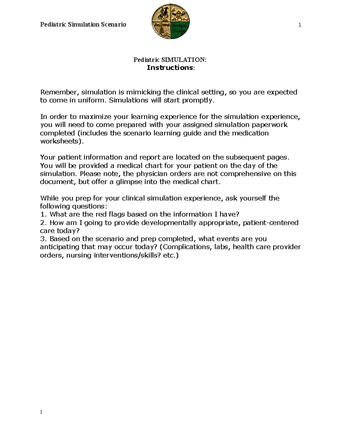 PEDS Simulation PREP for Student - Pediatric SIMULATION: Instructions ...