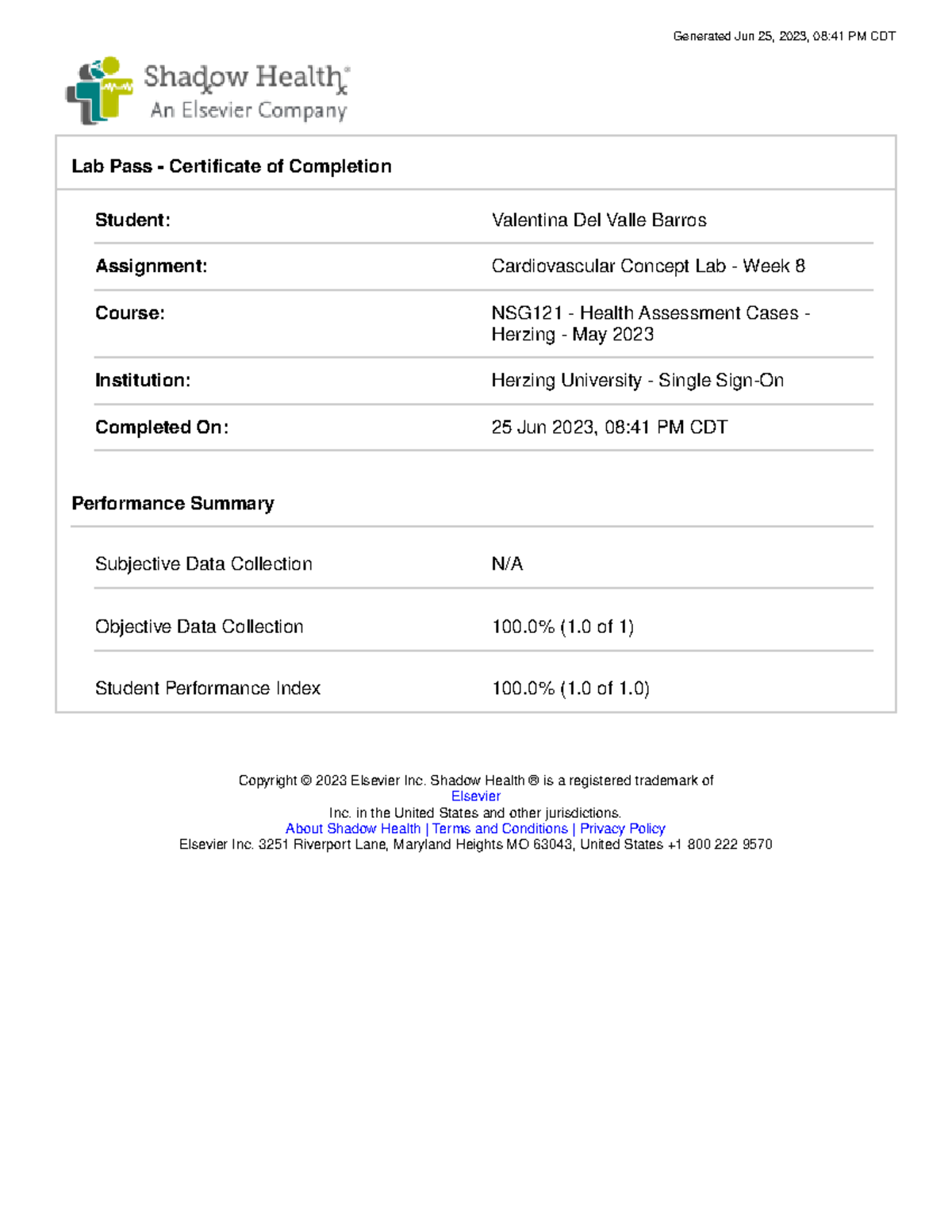 Cardiovascular Concept Lab Pass Week 8 - Shadow Health ® is a ...