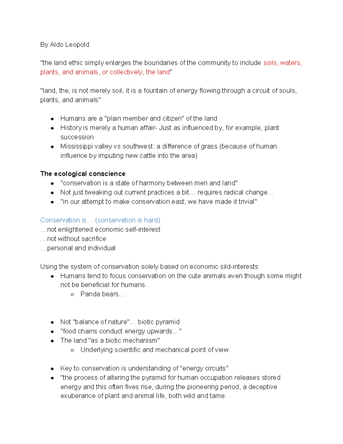 The land ethics - Lecture notes 11 - By Aldo Leopold "the land ethic ...