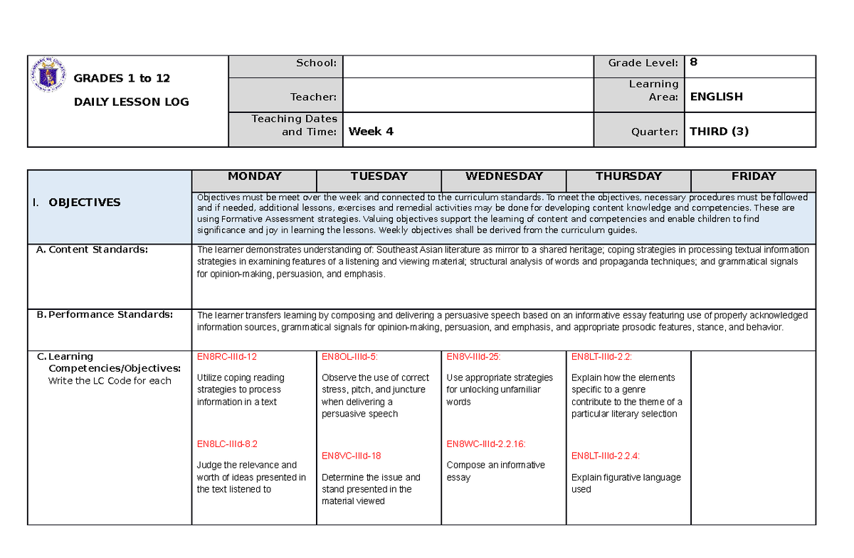DAILY LESSON LOG ENGLISH EIGHT - GRADES 1 to 12 DAILY LESSON LOG School ...