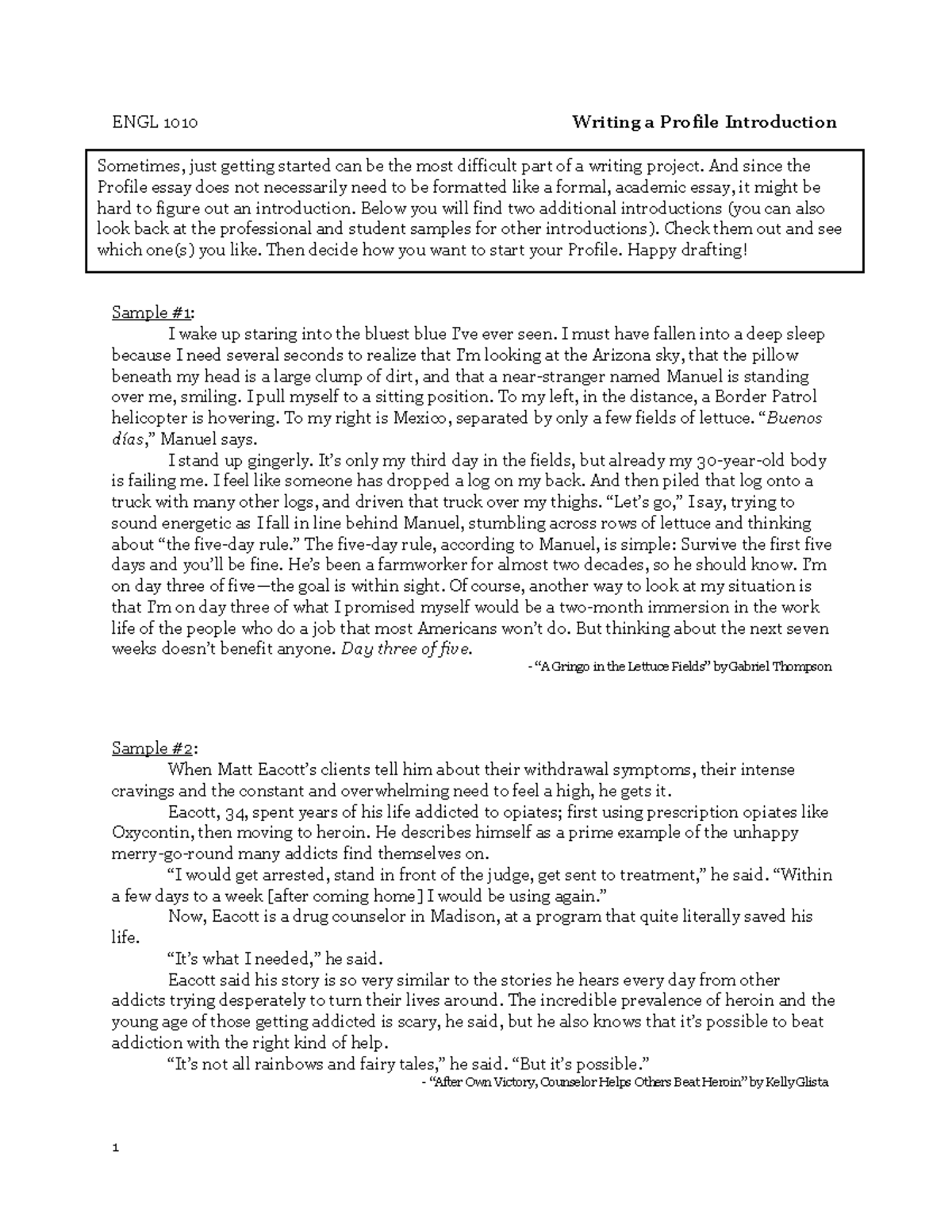 Profile Introductions (online 1010) - ENGL 1010 Writing a Profile ...