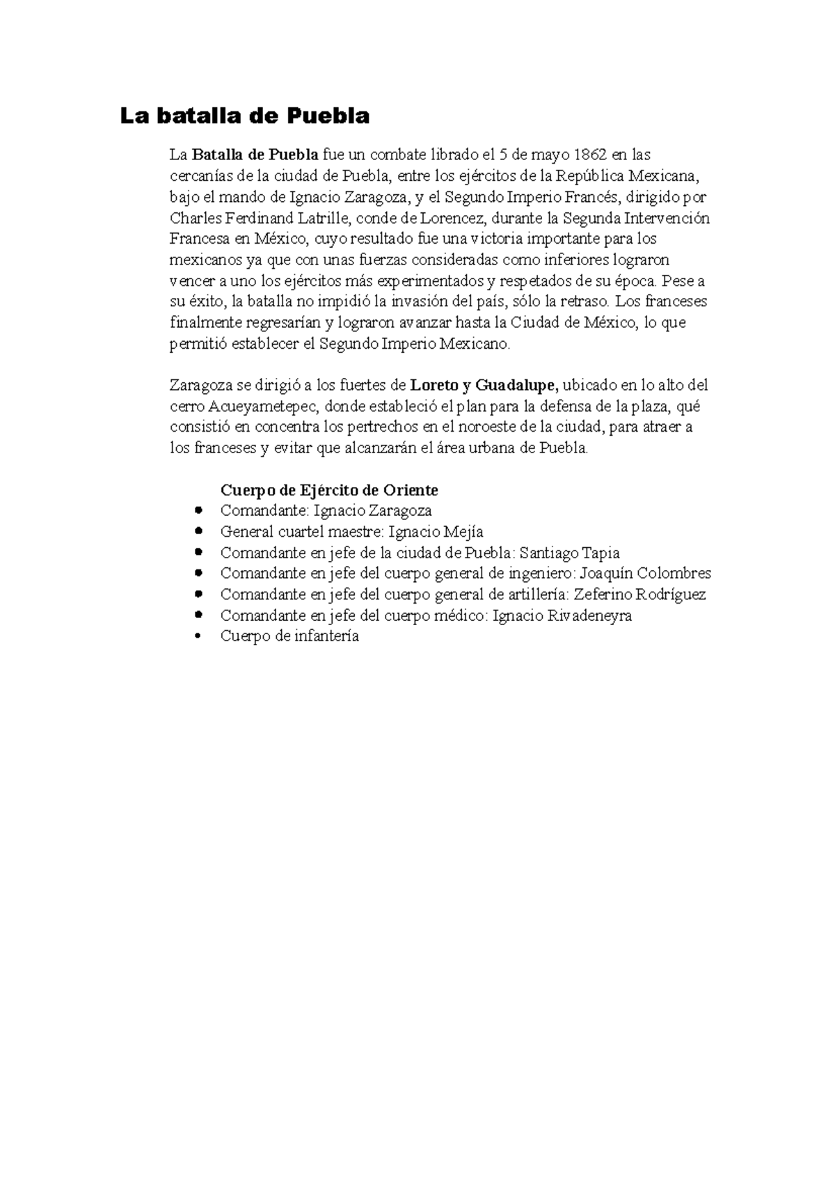 Examen - sonia peña - La batalla de Puebla La Batalla de Puebla fue un ...