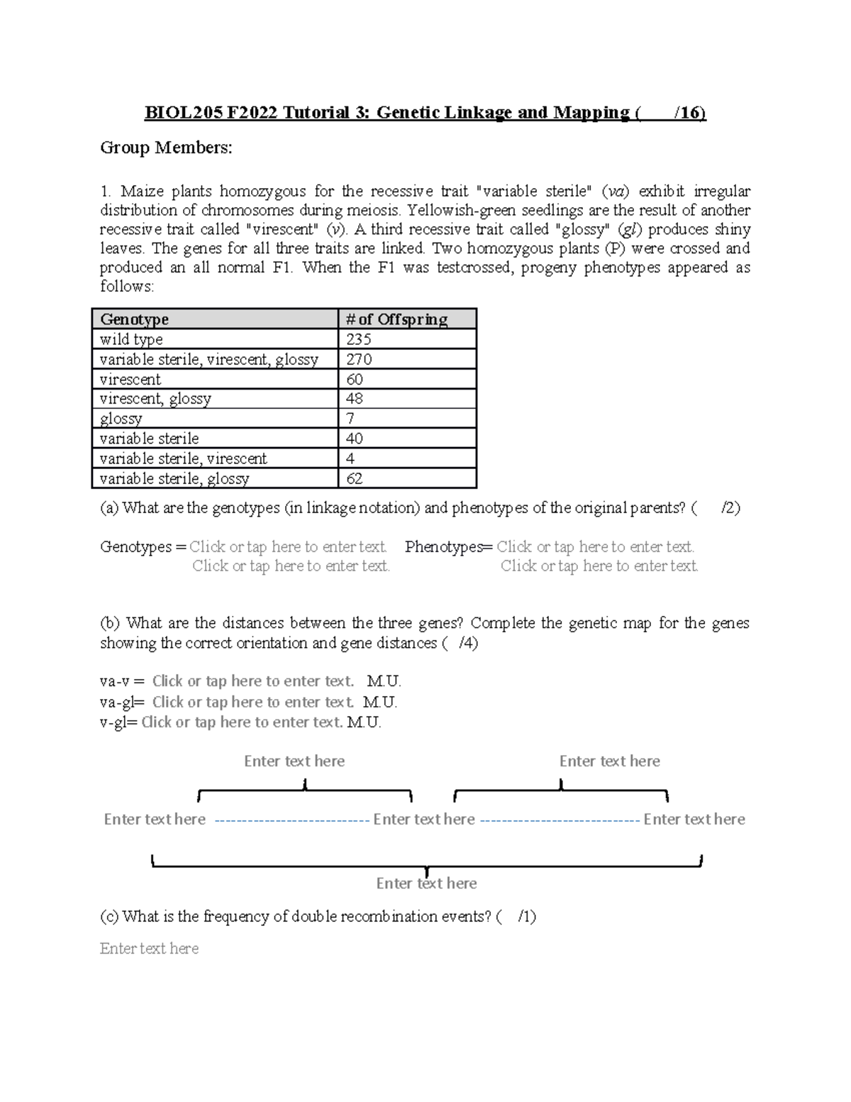 F2022 BIOL205 Tutorial 3 Worksheet Digital Template - BIOL205 F2022 Tutorial 3: Genetic Linkage ...