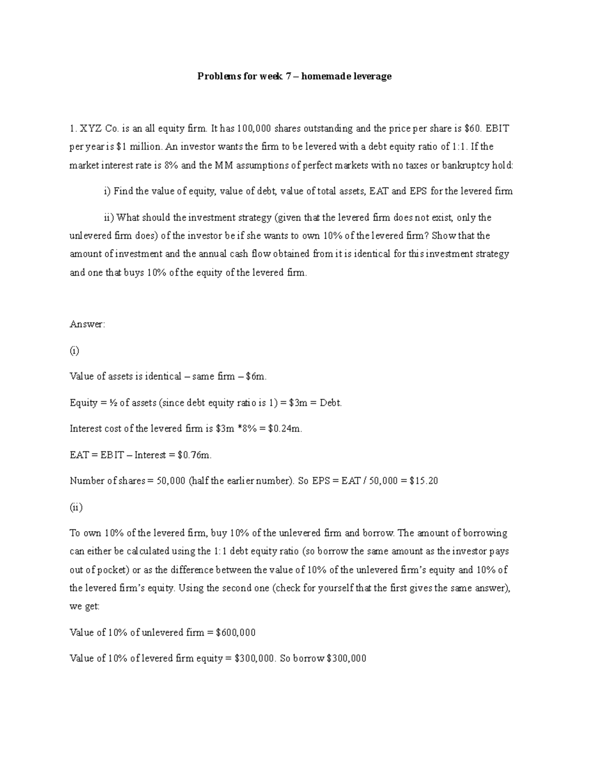 Week7problems.docx - Problems for week 7 – homemade leverage XYZ Co. is an all equity firm. It ...