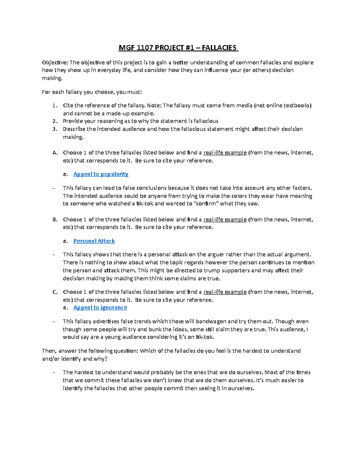 Project 1 - MGF 1107 PROJECT #1 – FALLACIES Objective: The objective of ...