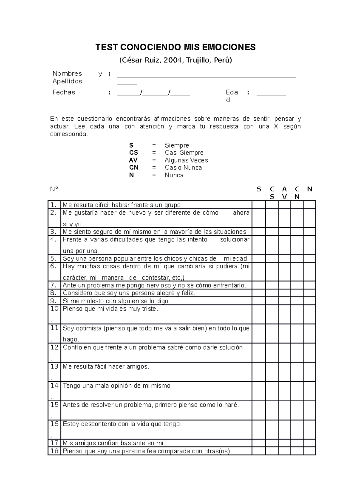 TEST Conociendo MIS Emociones imprimir - TEST CONOCIENDO MIS EMOCIONES ...