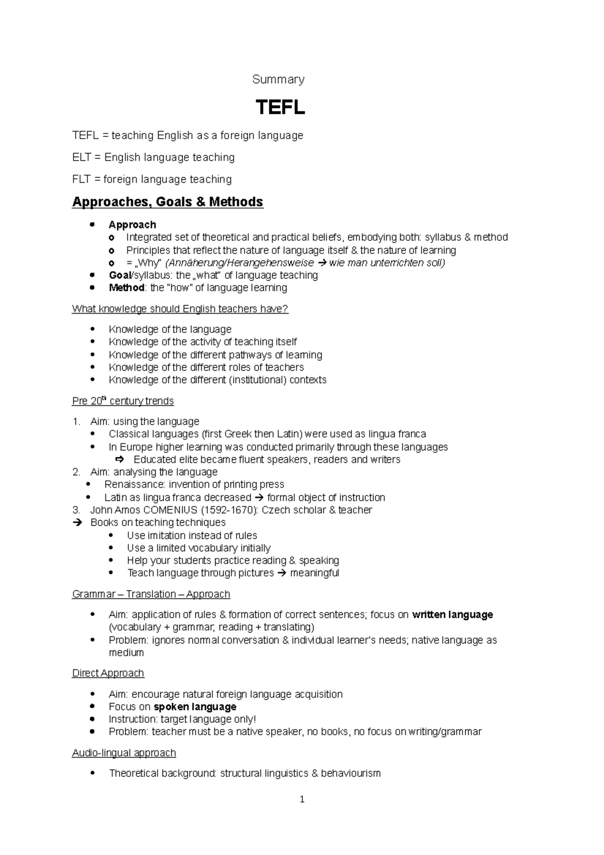 Summary TEFL - Zusammenfassung Introduction to TEFL - Summary TEFL TEFL ...