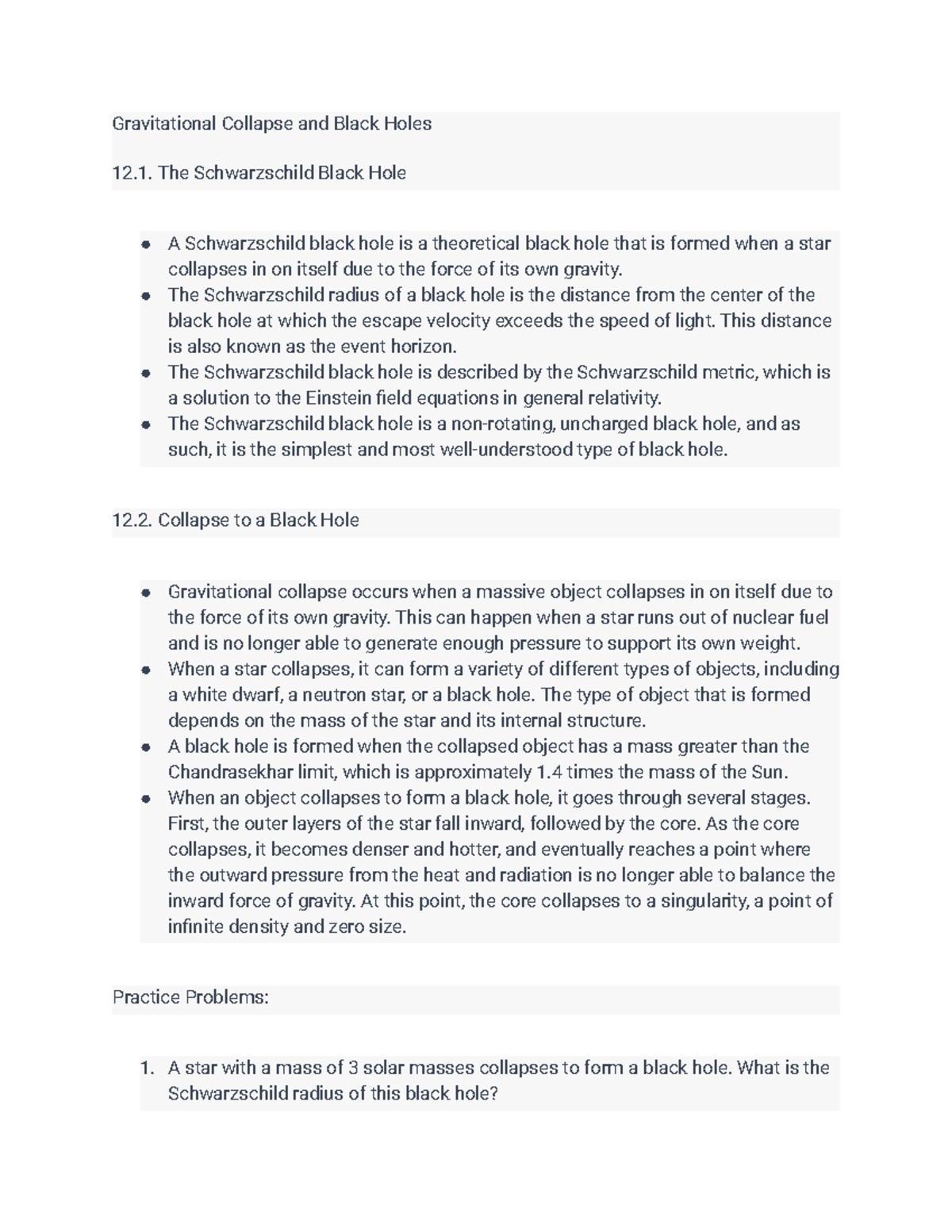 Chapter 12 Notes. 1 3 - 12. Gravitational Collapse and Black Holes 12.1 ...