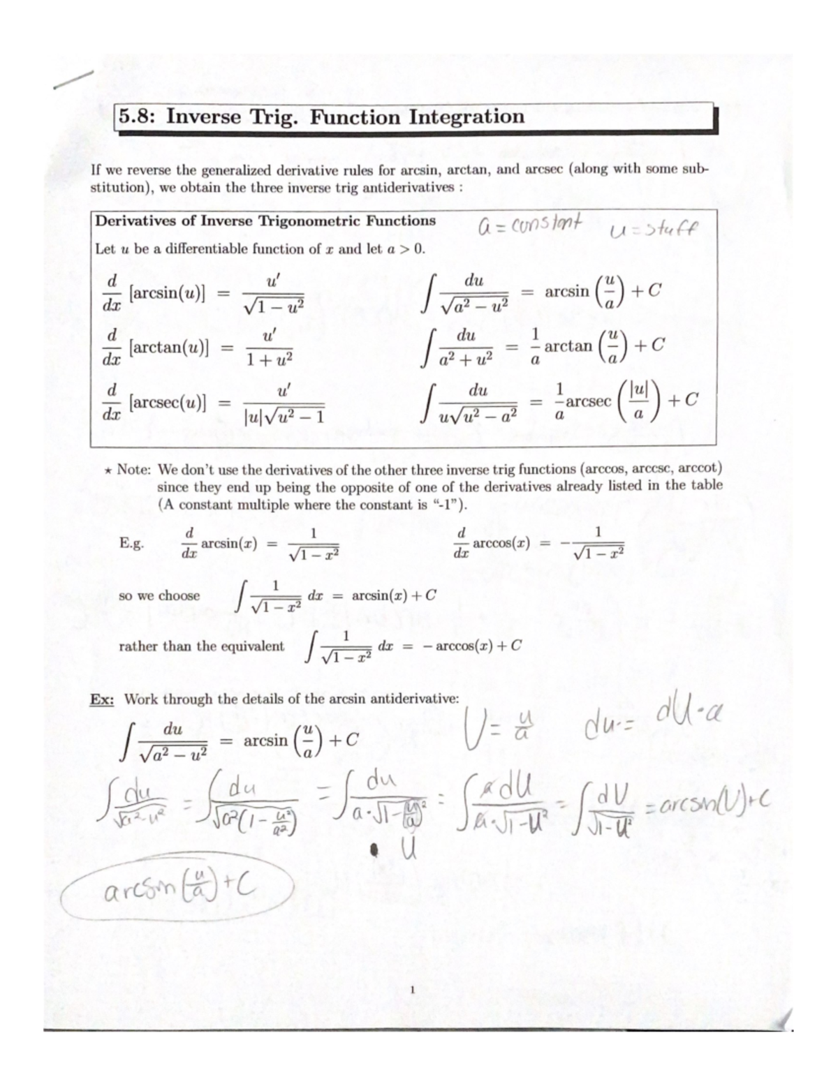 5.7 Inverse trig - 5: Inverse Trig. Function Integration If we reverse ...