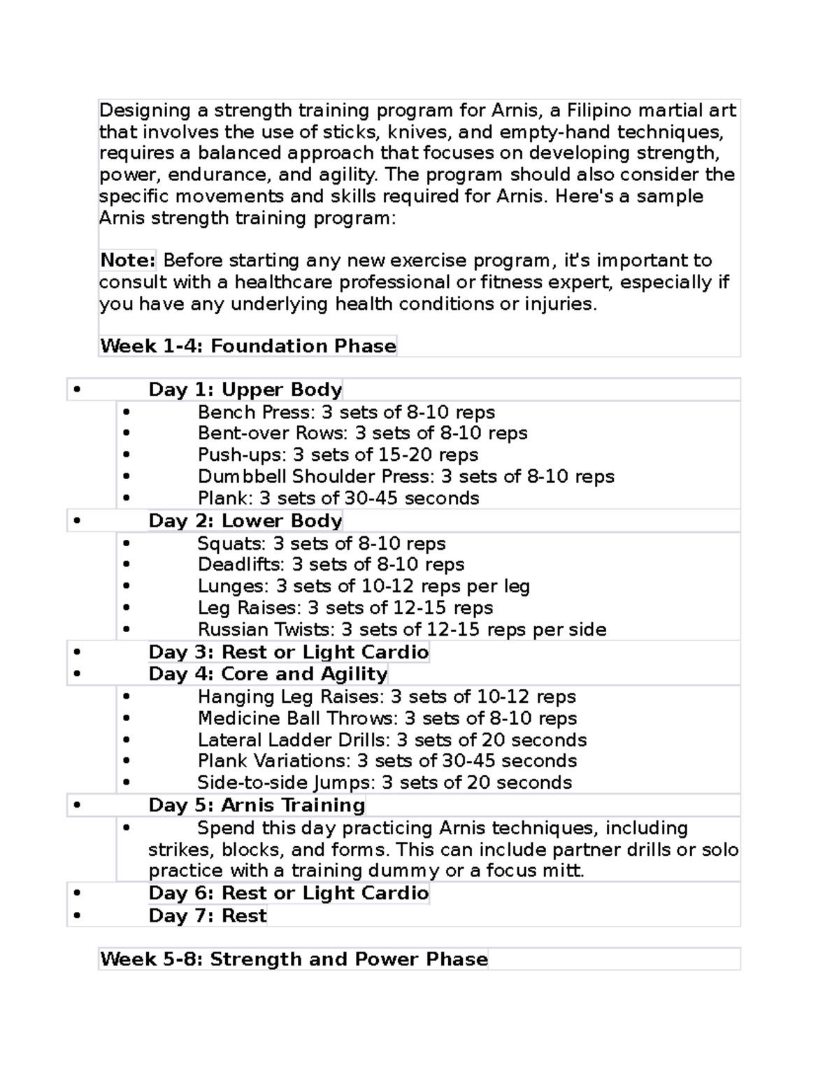 Designing a strength training program for Arnis - The program should ...