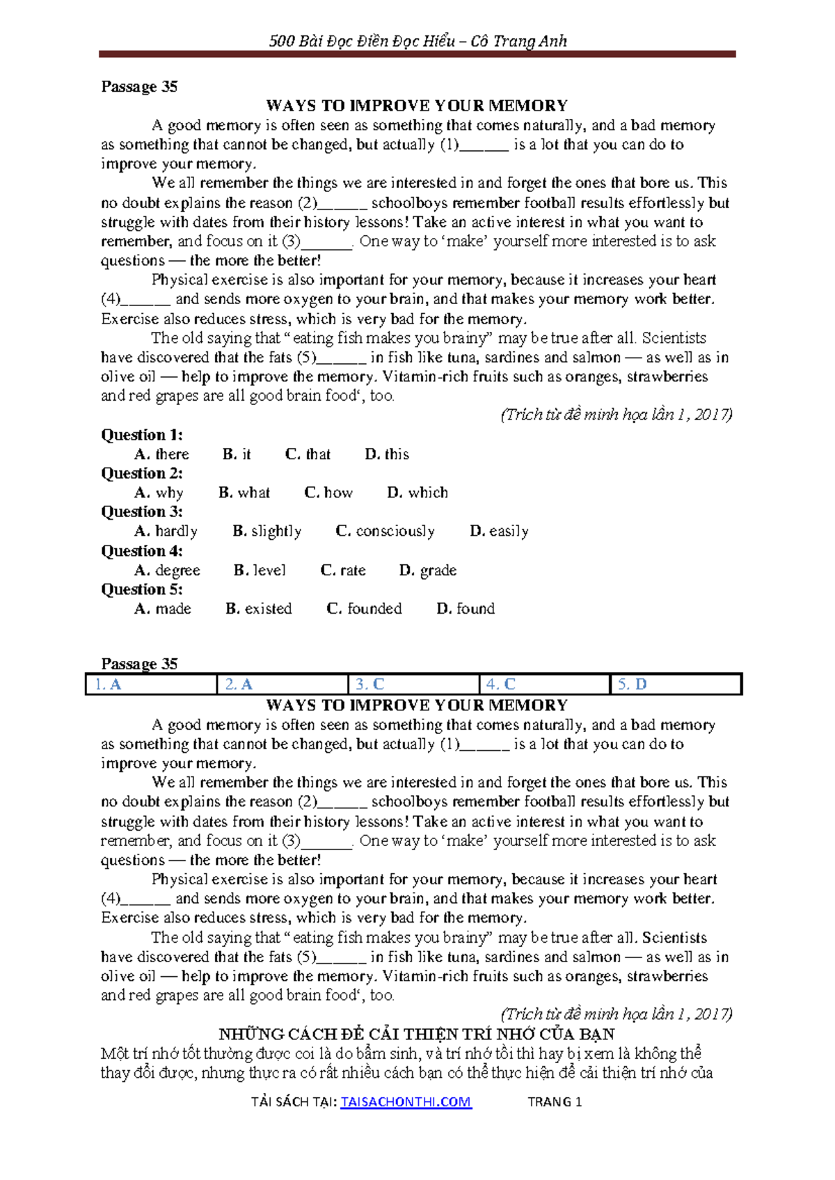 BAI TAP DOC DIEN 1 50 - Passage 35 WAYS TO IMPROVE YOUR MEMORY A good ...