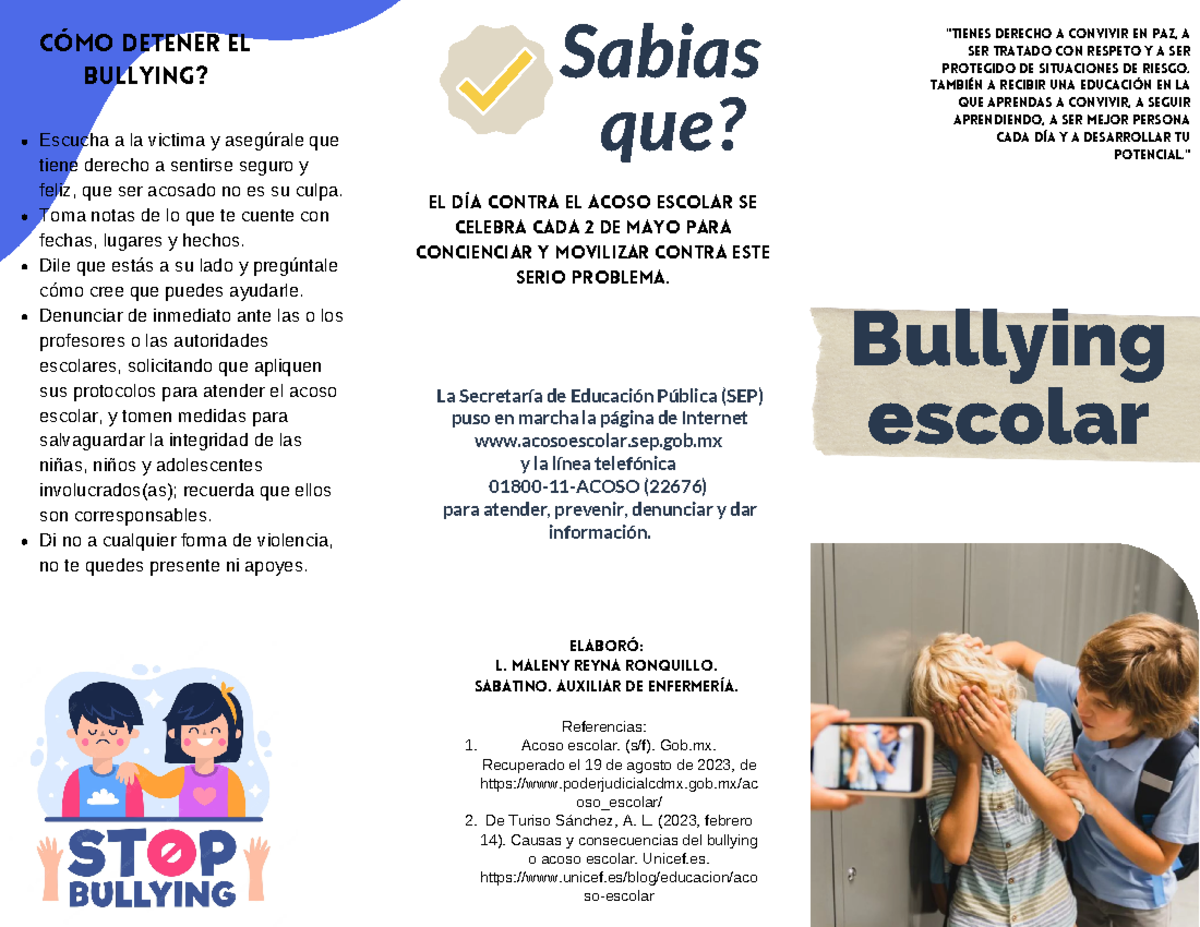 Tríptico sobre el Bullying Acoso Escolar Creativo Morado y Amarillo ...