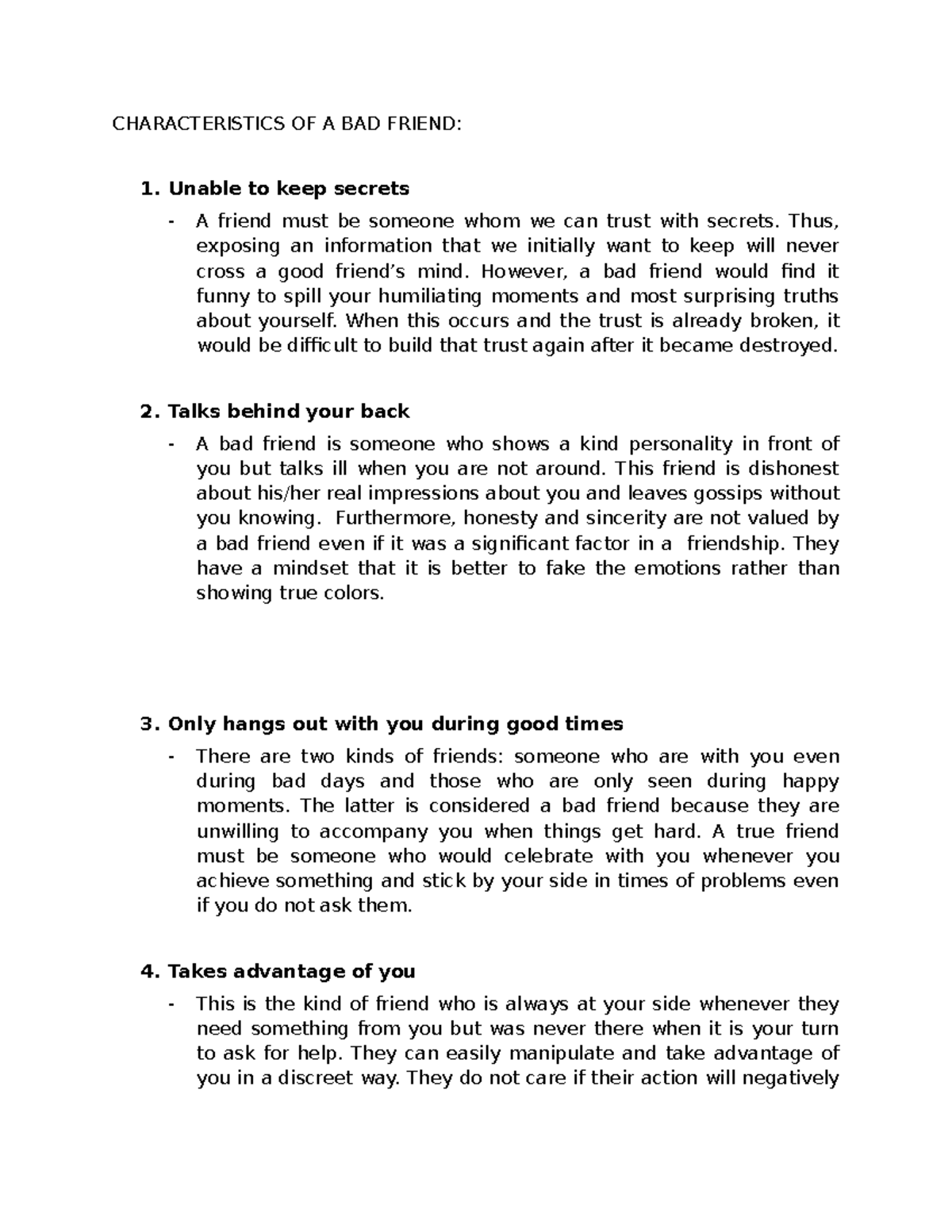 Characteristics of a Bad friend with descriptions and explanations ...